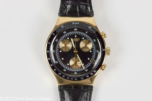 Swatch "Goldfinger" Irony Chronograph Watch at 3bc Vintage Shop